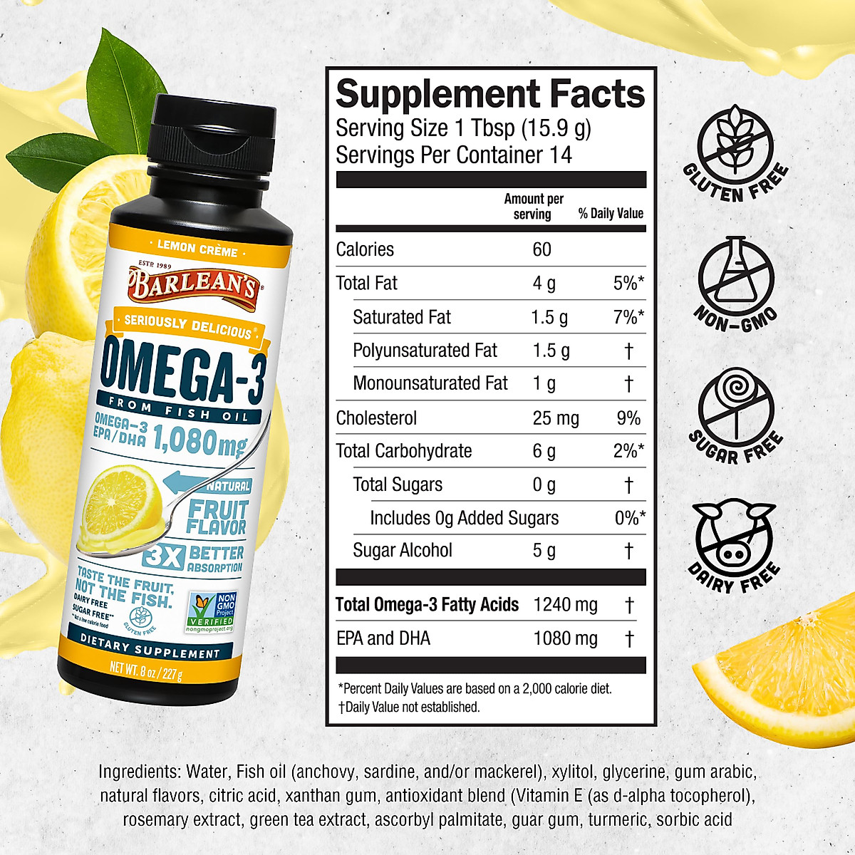Barlean's Lemon Crème Omega 3 Fish Oil Liquid Supplement, 1080mg of Omega 3 EPA & DHA Fatty Acid, Smoothie Flavored & Burpless for Brain, Joint, & Heart Health, 8 oz