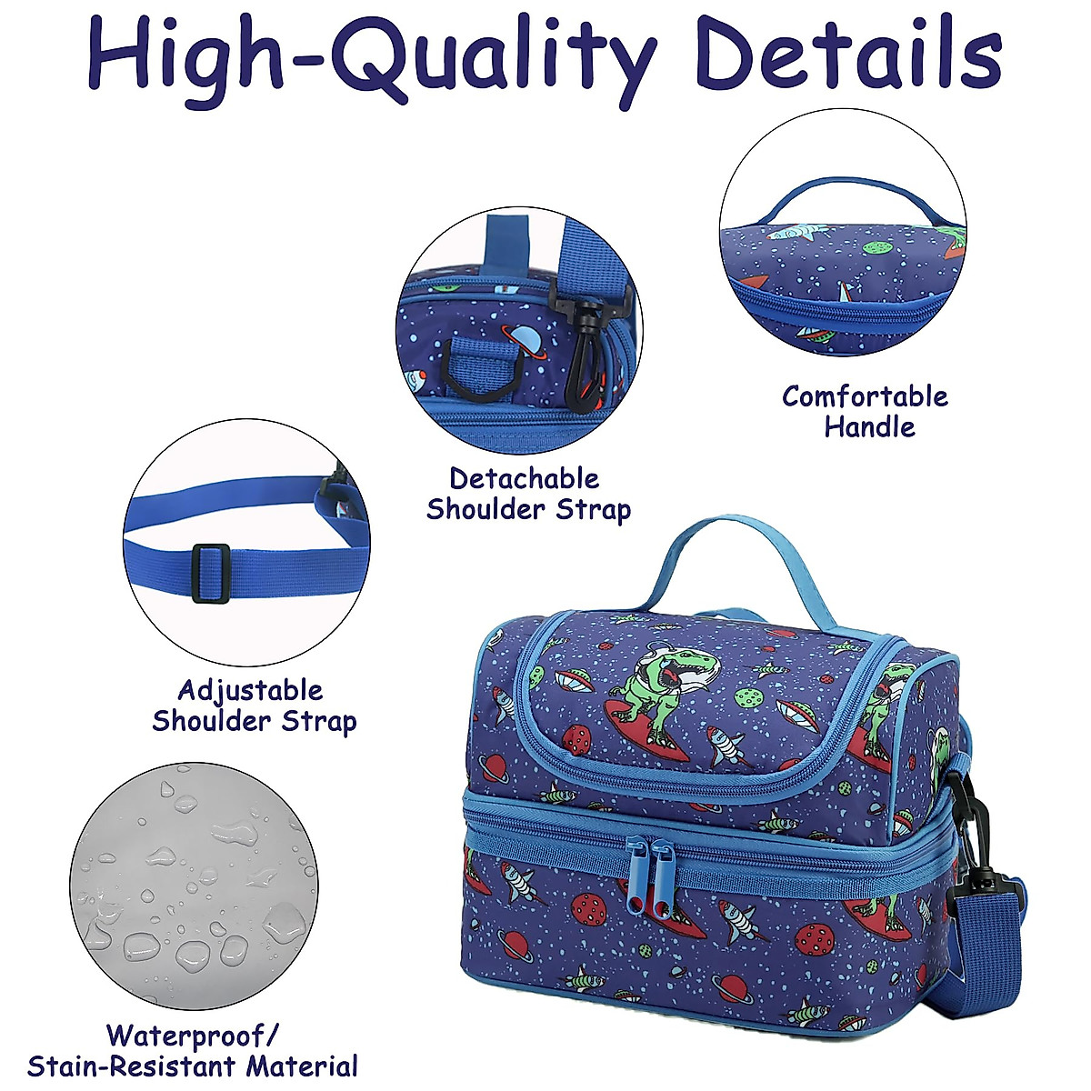 Kasqo Lunch Box Bag for Boys, Insulated Cooler Bag Kids Lunch Tote with Dual Compartments, Blue Dinosaur