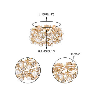 EVER FAITH Gold-Tone Crystal Cream Simulated Pearl 1920's Style Leaf Stretch Bracelet Clear