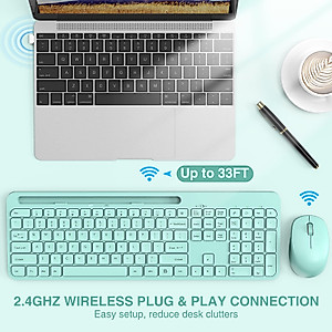 Wireless Keyboard and Mouse Combo, WisFox 2.4GHz Ergonomic USB Keyboard with Phone Holder, Full-Size Keyboard and Mouse Set for Computer, Laptop and Desktop(Mint Green)