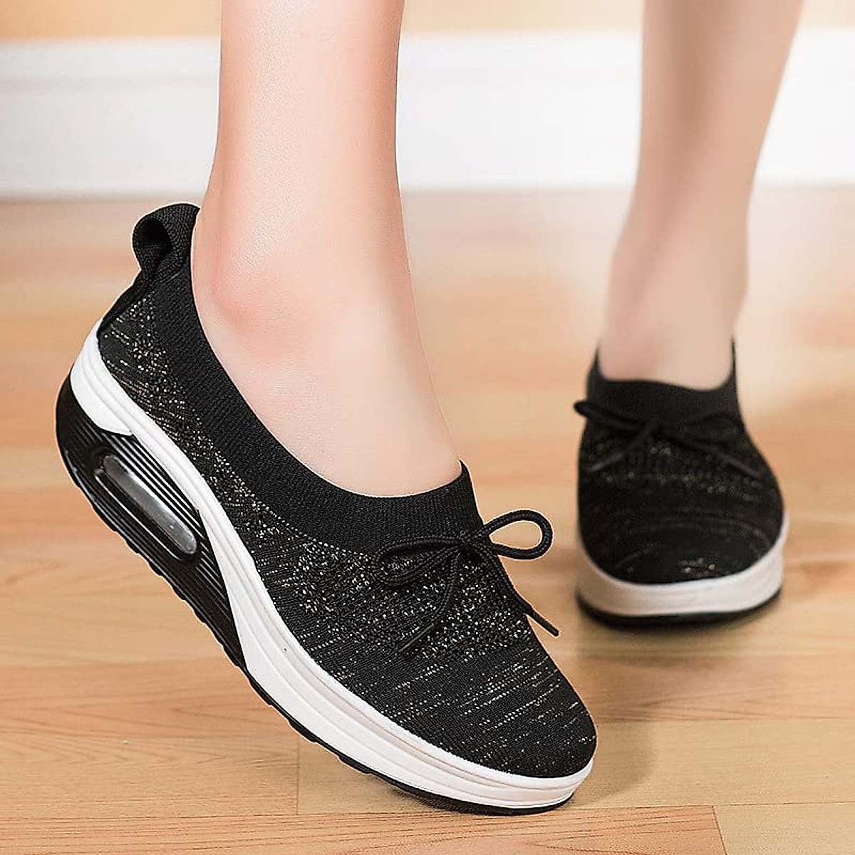 GUTZBSY Women's Orthopedic Sneakers,Casual Bowknot Mesh Shoes,Women's Cushion Slip-On Walking Shoes,Wedge Sneakers for Women (Black,7)