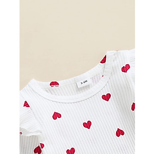 0-18M Infant Baby Girls Outfits Long Sleeve Ruffle Knit Heart Print Romper+ Suspender Skirt Overall Dress Set (Red, 3-6 Months)