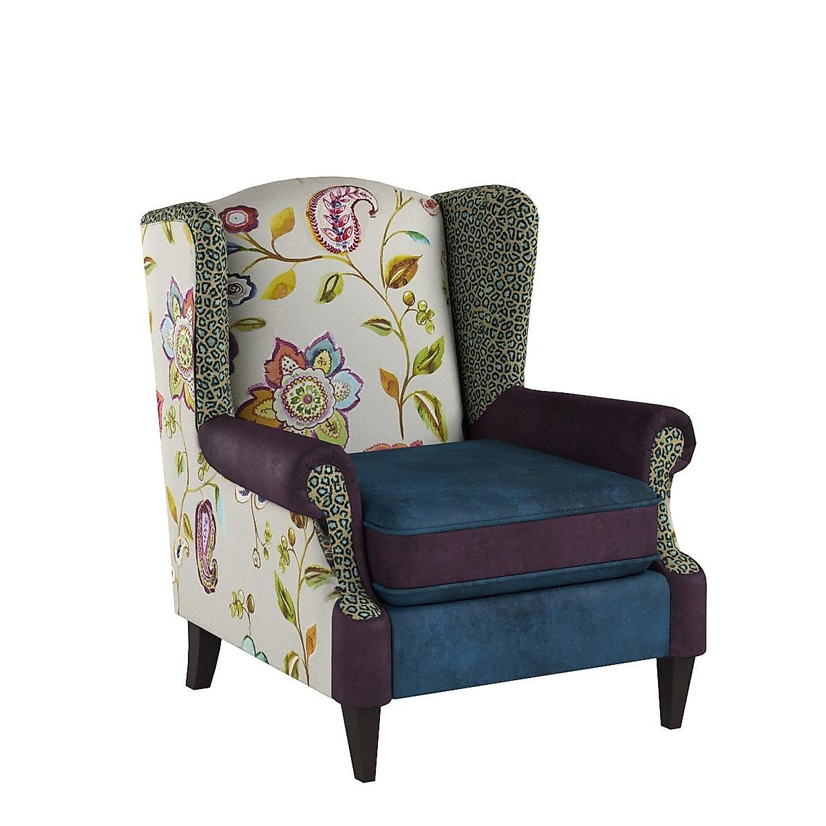 Jennifer Taylor Home Anya Eclectic Floral Patchwork Boho Chic Wingback Large Living Room Lounge Accent Arm Chair