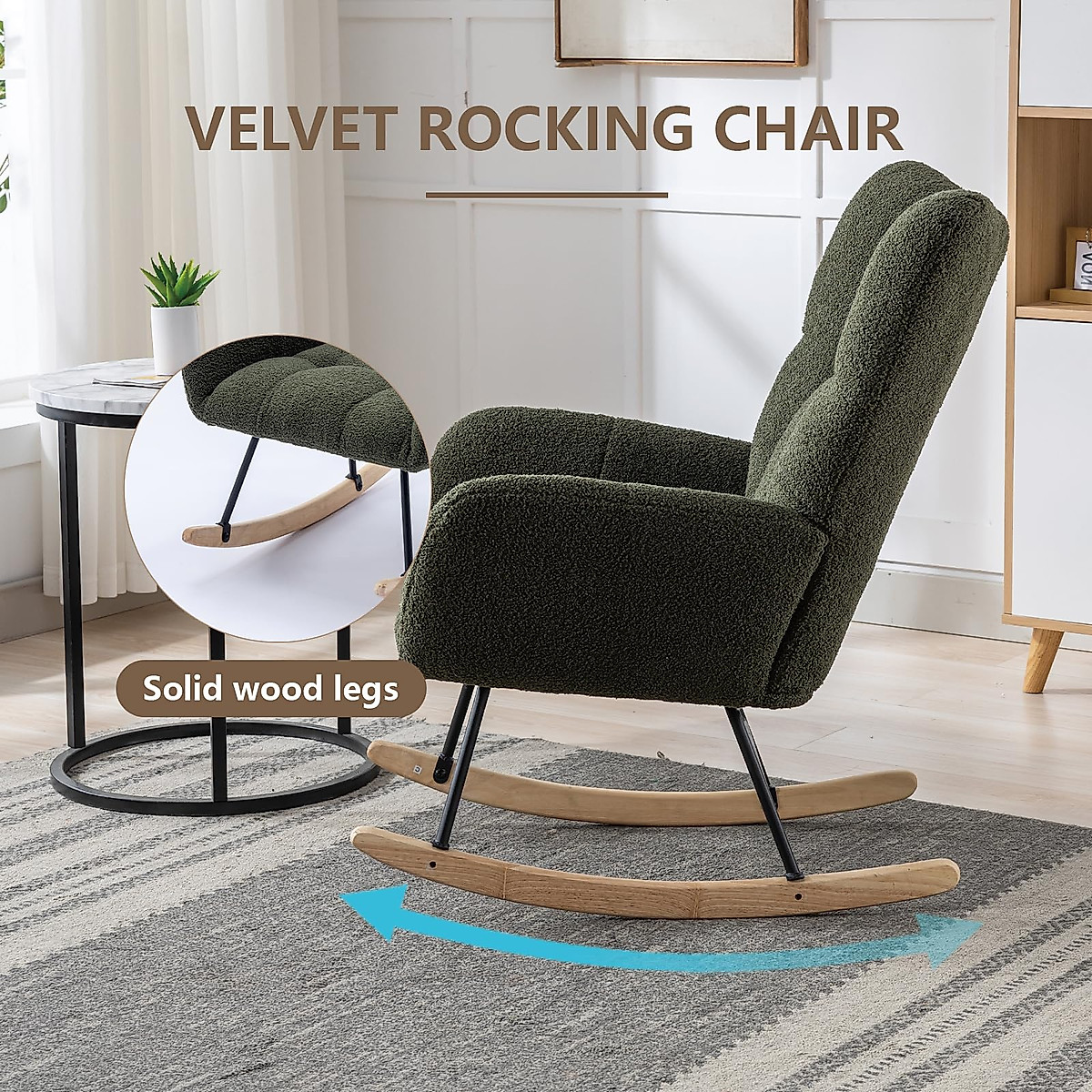 Rocking Chair Nursery, Teddy Upholstered Glider Rocker, Modern Accent Chair with High Backrest Padded Seat Pocket, Cozy Armchair Side Chair for Living Room, Bedroom, Office, Balcony, Dark Green