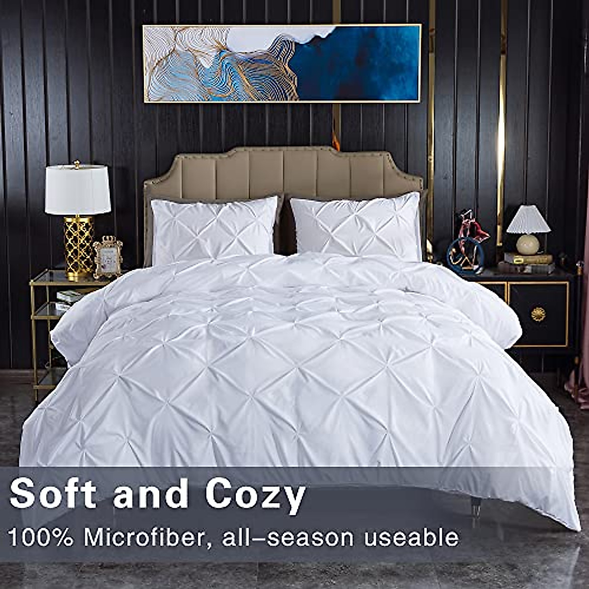 Litanika White Queen Pinch Pleat Duvet Cover, 3 Pieces Pintuck Cover Soft Microfiber Bedding Set with Zipper Closure & Corner Ties(90x90Inch-1 Duvet Cover, 2 Pillowcases)