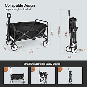 Collapsible Folding Wagon Cart, Heavy Duty Utility Beach Wagon Cart with Wheels Foldable, 220LBS Large Capacity Foldable Grocery Wagon for Camping Garden Shopping Sports, Black/1 Year Warranty