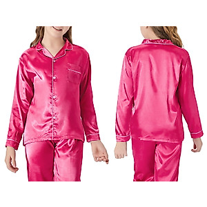 Topgal Cute Hot Pink Pajama Set for Girls – Satin Silky Long Sleeve & Pants Button Down PJ Set Size 10