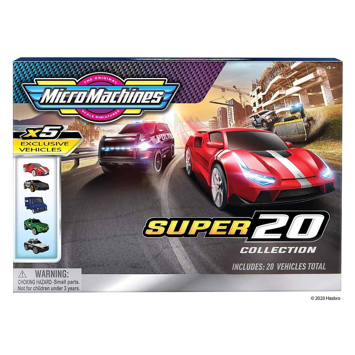 Micro Machines Super 20 Pack – Toy Car Collection, Features 20 Vehicles (Tractor, Police Car, Tow Truck, Backhoe, Bulldozer, Mail Truck & More) - Amazon Exclusive