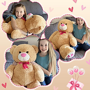 Tezituor Big Teddy Bear Stuffed Animal, Giant Teddy Bear with Pink Love for Girlfriend Boyfriend Kid, Large Stuffed Bear Plush for Valentines Day/Birthday/Baby Shower, 36 inches Tan