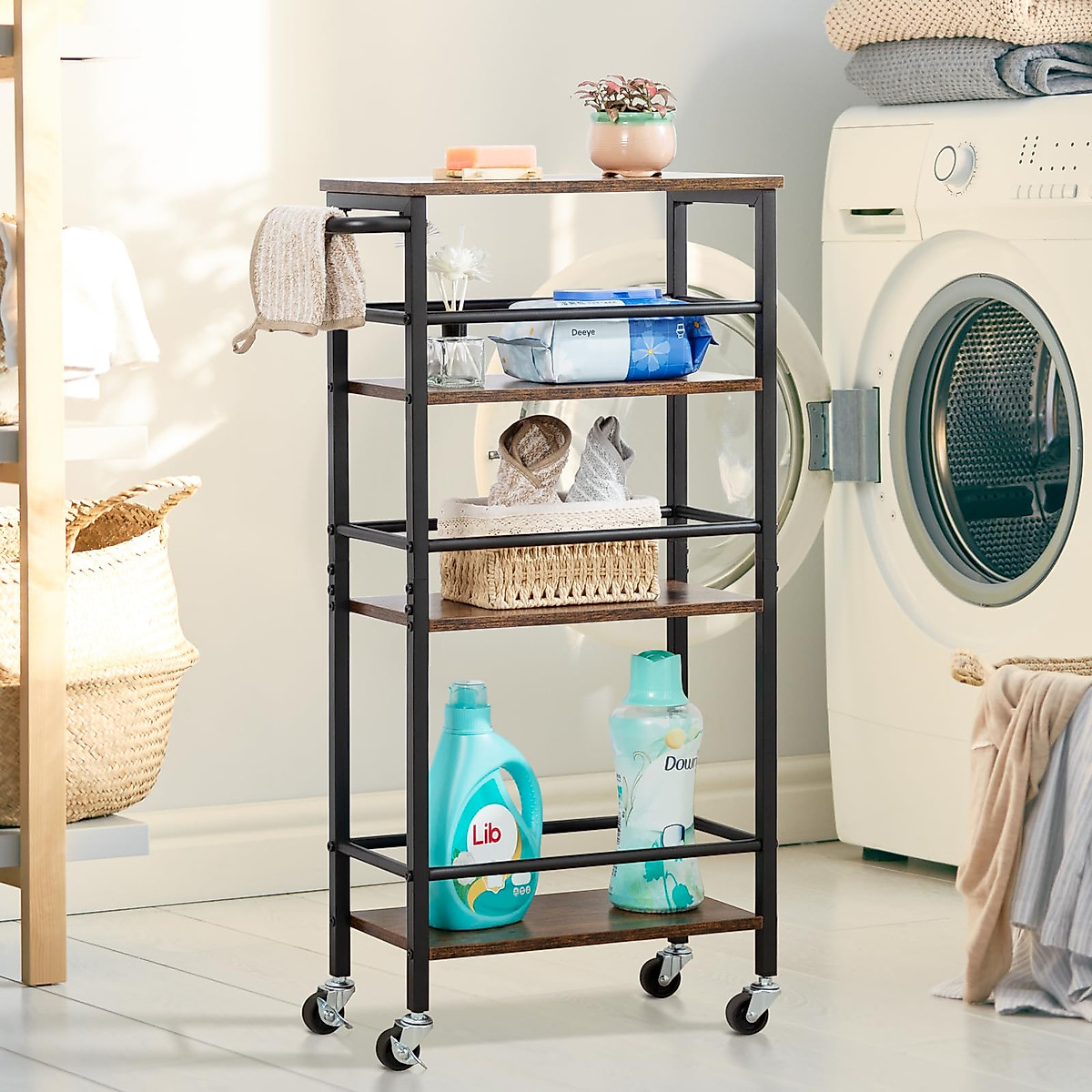 LOAKEKEL Slim Rolling Cart, 4-Tier Storage Cart on Wheels, Narrow Kitchen Cart with 6 Hooks for Small Spaces, 7.87" Deep, Mobile Shelving Unit Utility Cart for Dining Room, Bathroom, Brown HKC04BR-1