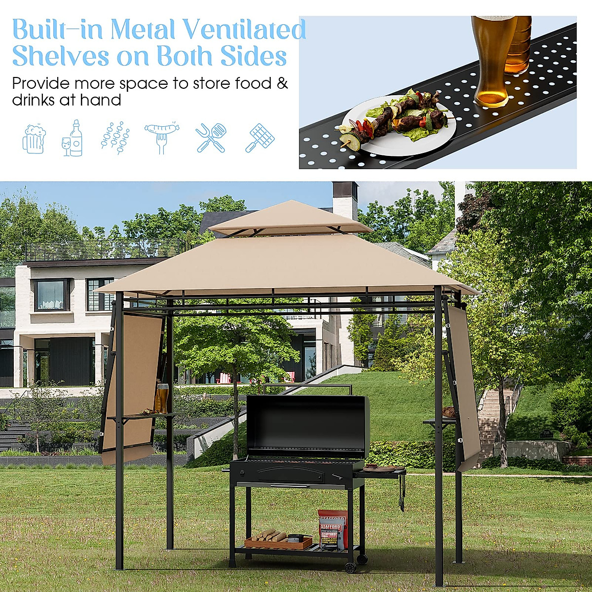 Tangkula 13.5x4 Ft Grill Gazebo with Dual Side Awnings, Double Tier BBQ Gazebo with 2 Side Shelves, Heavy-Duty Steel Frame, CPAI-84 Barbecue Grill Gazebo Shelter for Patio, Garden, Beach, Terrace