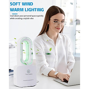 Desk Fan Small Bladeless Personal Fan Quiet Mini Table Fan 12'' Touch Control 4000mAh Rechargeable Portable Fan with 6-Colors LED Ambient Light for Office Home Bedroom Nightstand White