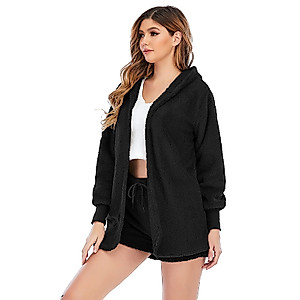 Famnbro Womens Fuzzy Sweater Sets Sexy 3 Piece Outfits Fleece Coat Jacket Tank Top Shorts Set C-black