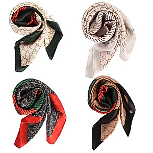 FYLuoke 4 Pcs 27.5 Inch Head Scarf Silk Bandana Satin Hair Scarf Square Neck Scarf for Women Girls (C-01)