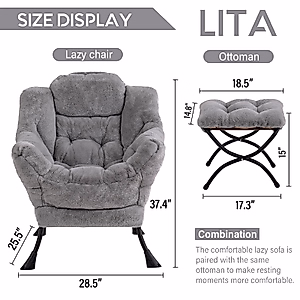 LITA Lazy Chair with Ottoman, Modern Accent Leisure Upholstered Sofa Chair, Contemporary Lounge Reading Chair with Armrests and a Side Pocket for Living Room, Bedroom & Small Space, Plush Grey