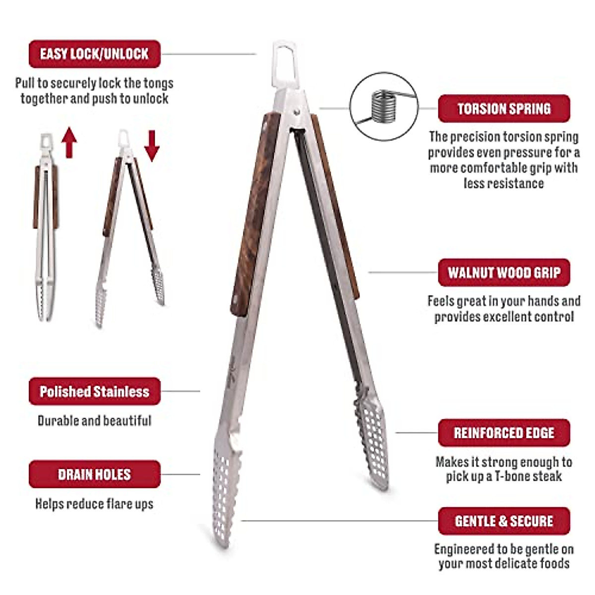 Dropkick Your Old Tongs, GRILLHOGS 16-Inch Barbecue Tongs Are the Only Equipment That Can Handle Your Massive Meat, Stainless Steel + Walnut Wood BBQ Tongs, Premium Grill Tongs