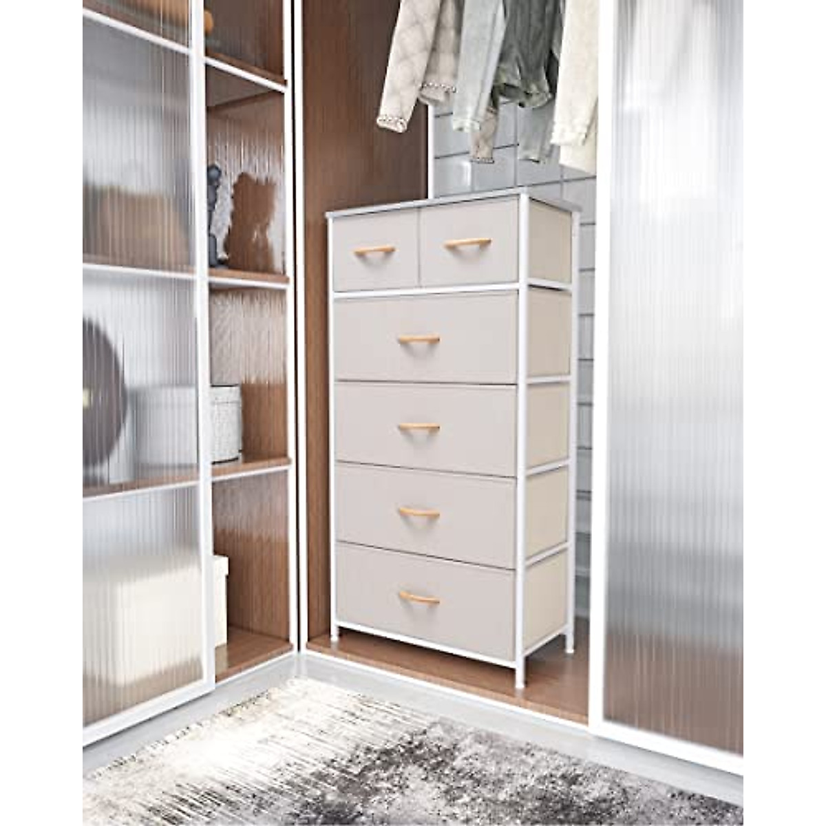 VredHom Tall Dresser Organizer, 6 Drawers Dresser Fabric Storage Closets Storage Units Organizer Tower Steel Frame Wooden Top for Bedroom, Hallway,Nursery, Entryway(Beige)