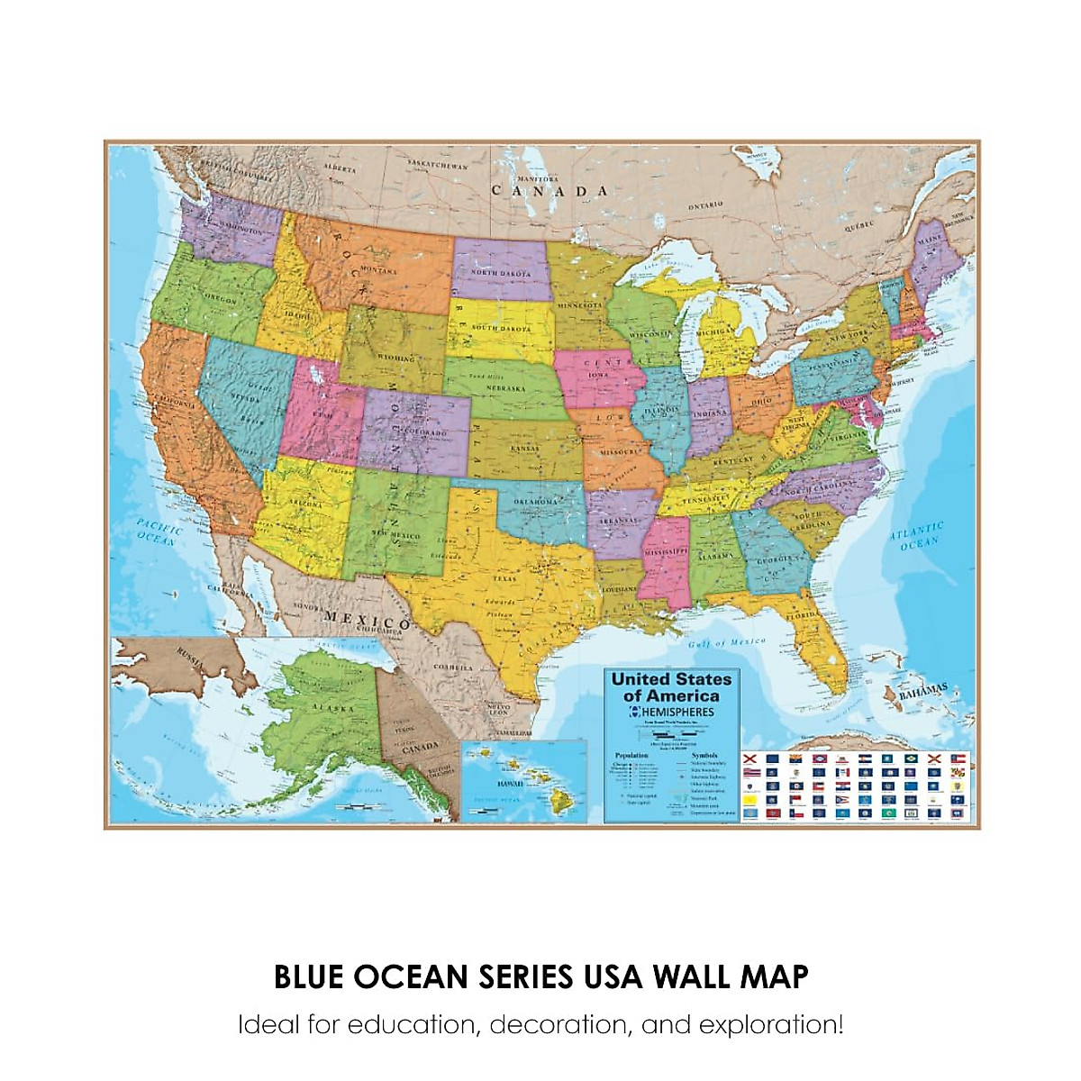 Waypoint Geographic Blue Ocean Series USA Wall Map, Laminated World Map Poster, Educational Wall Art For Home, Classroom, or Office, Unique Gifts, 48” x 38”