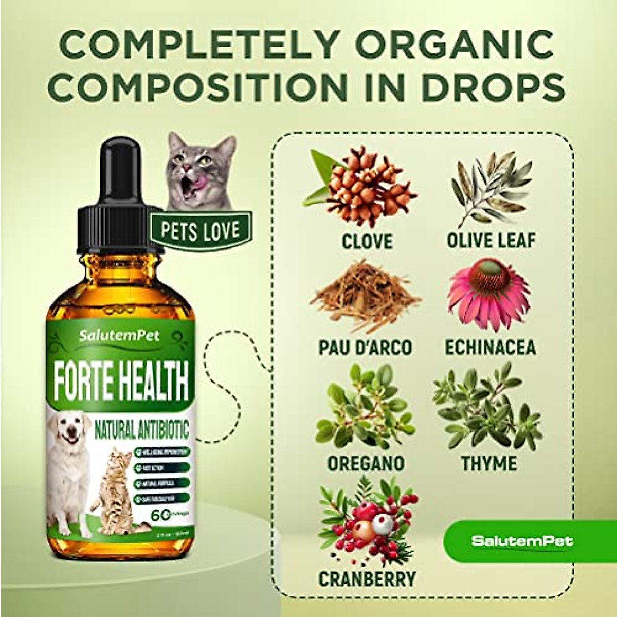 Natural Herbal Supplement for Dog and Cat - Cranberry, Oregano, Echinacea for Dogs and Cats Too - Organic Dog Supplement and Cat Supplement - Drops for General Strengthening - 1200 Drops 2 Oz