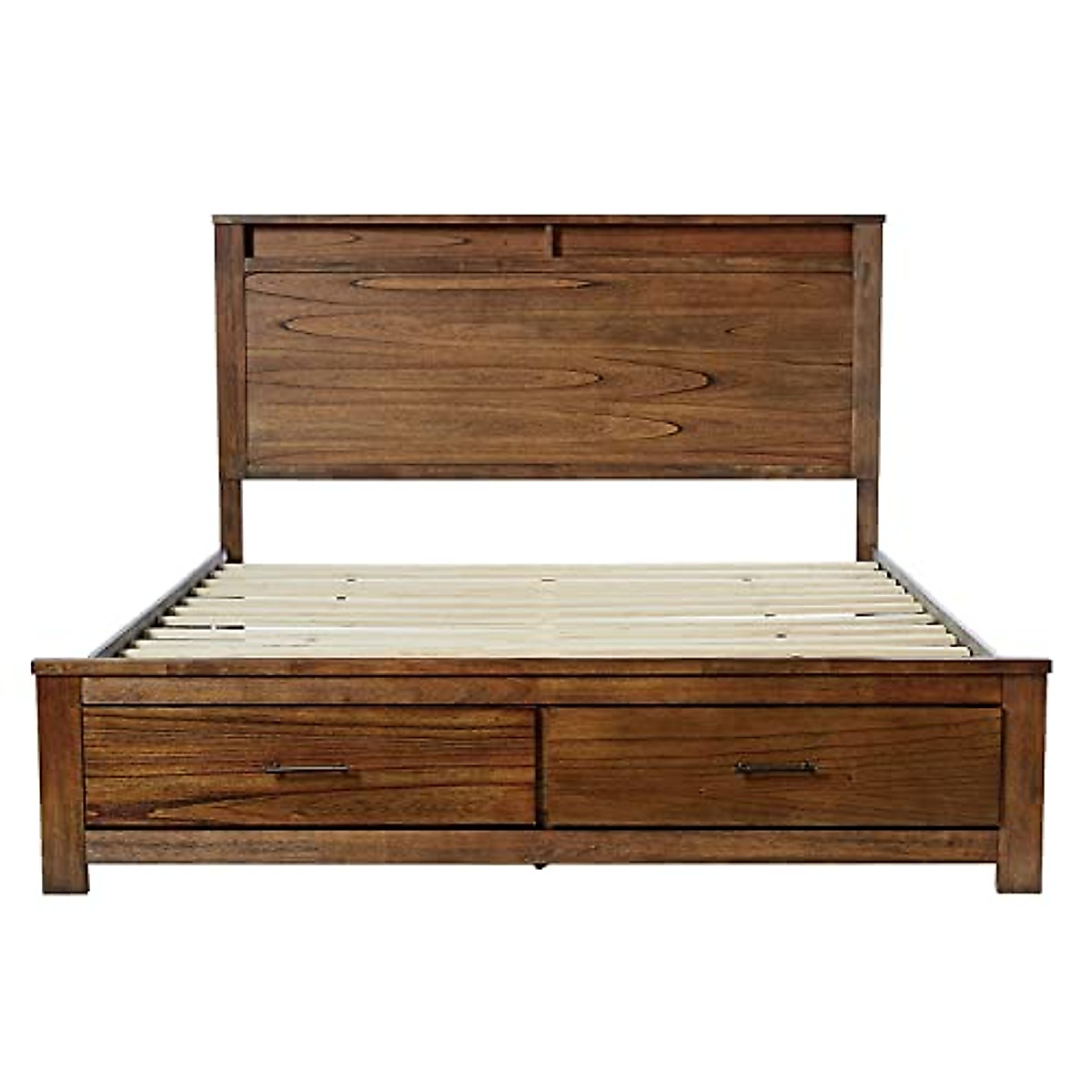 Knocbel Country-Cottage Queen Bed Frame with 2 Drawers, Wood Platform Bed Mattress Foundation with Slats Support & Storage Headboard, 85" L x 64" W x 55" H (Oak)