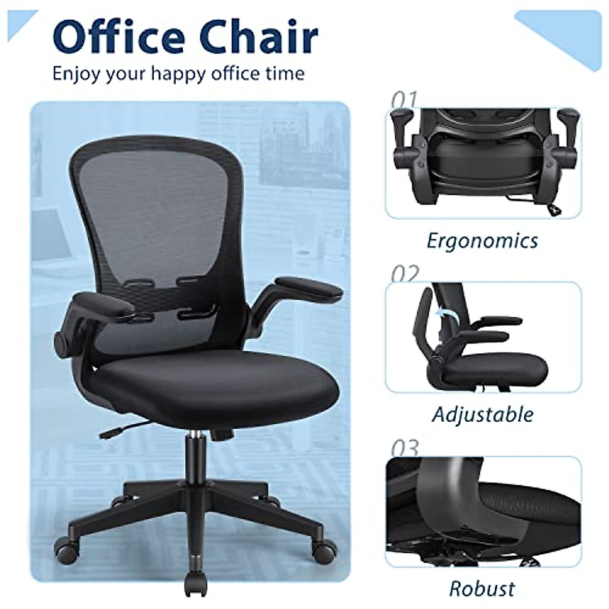 VICTONE Office Chair Ergonomic Desk Chair Computer Task Mesh Chair High Back Swivel Rolling Chair with Lumbar Support and Flip-up Armrest, Black