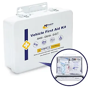 MFASCO Vehicle First Aid Kit - Compact Metal Kit - Portable & Mountable - Safety Kit for Commercial Vehicles & Workplace - DOT ANSI OSHA Compliant - Includes 112 Pcs Work Essential First Aid Supplies