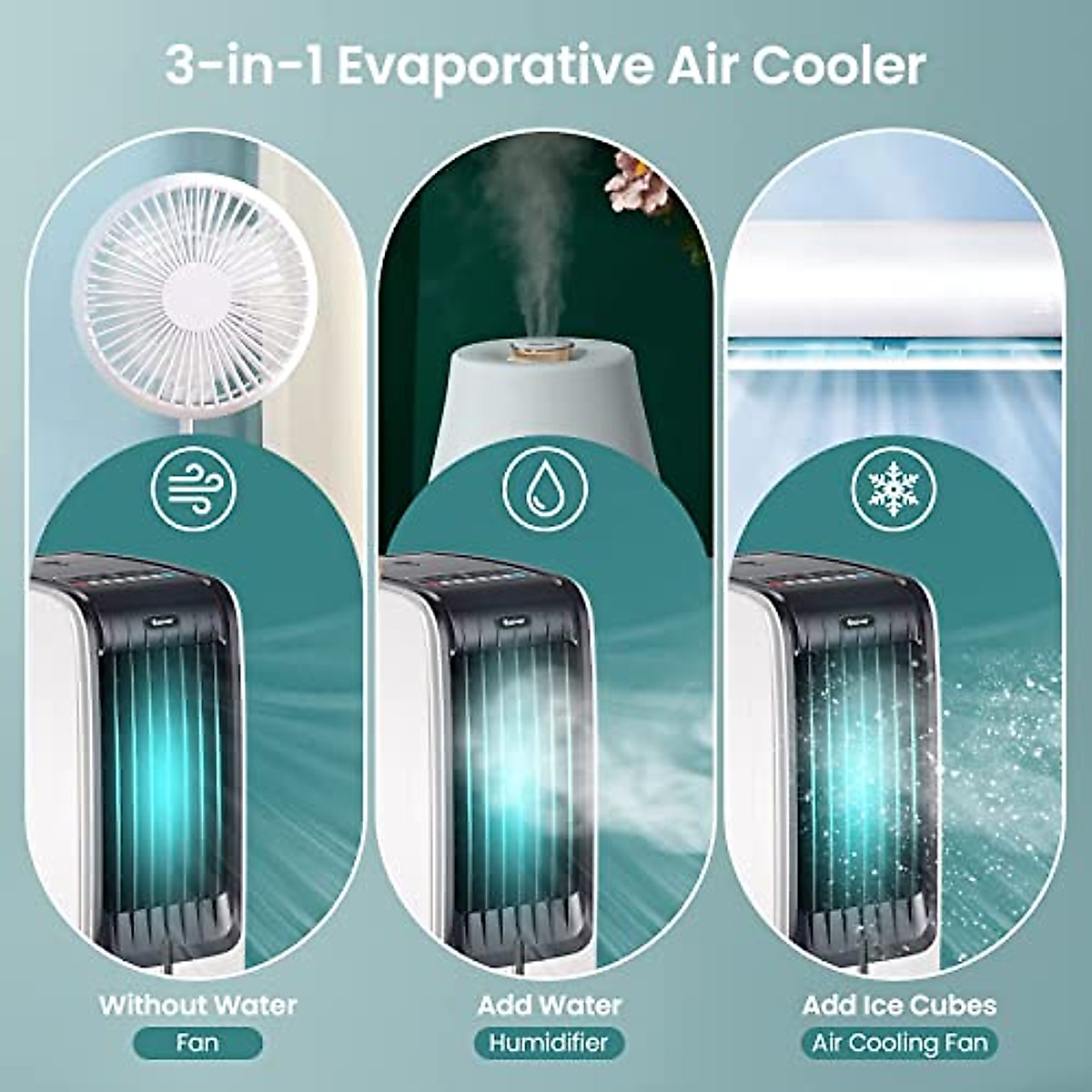 COSTWAY Evaporative Air Cooler, Portable 3-in-1 Air Cooler with Remote Control, 60° Oscillation, 2 Ice Crystal Boxes, 8-Hour Timer, Ultra Quiet Bladeless Evaporative Cooler for Bedroom Home Office