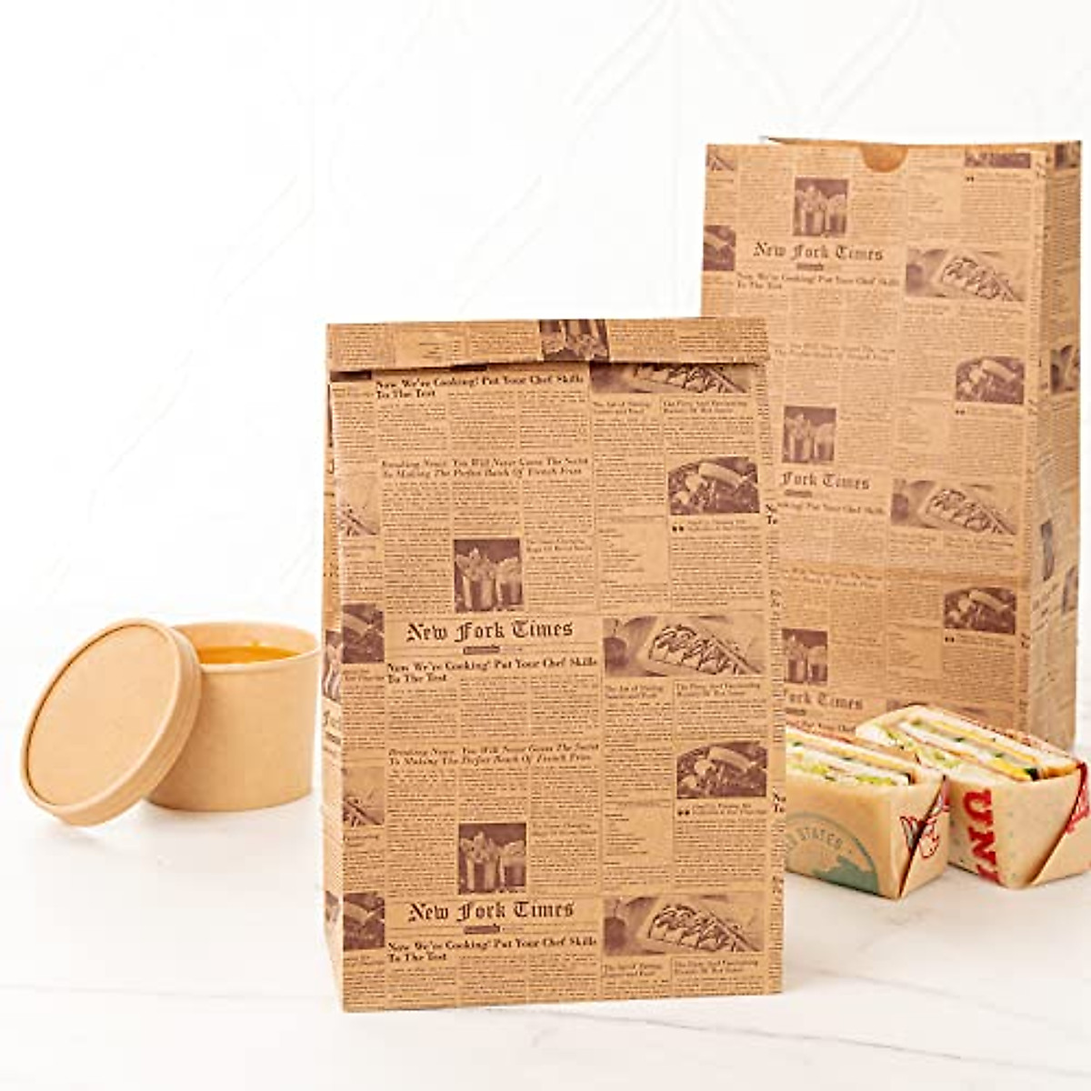 Restaurantware Bag Tek 12 Lb Disposable Lunch Bags 100 Sturdy Take Out Bags - Flat Bottom Microwavable Kraft Newsprint Design Paper Bags Freezable Great For Restaurants Cafes And Bakeries