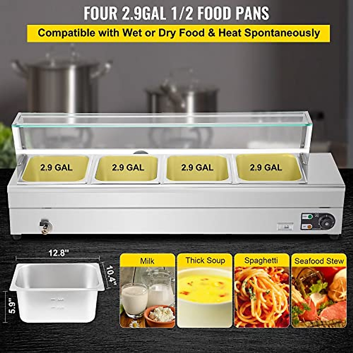 Commercial Food Warmer Bain Marie, 44 Qt Electric Countertop Buffet Warmer with Tempered Glass Shield and Lids, 4 x 1/2 Pans Stainless Steel Steam Table, 1500W