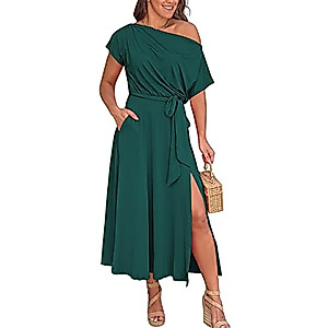 LILLUSORY Off The Shoulder Midi Wedding Guest Dresses 2023 Summer Cocktail Party Women Dress Emerald Green