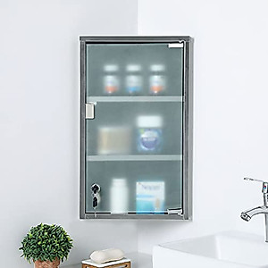 MyGift 19-Inch Stainless Steel Silver Corner Mount Medicine Cabinet, First Aid Wall Cabinet with 3 Storage Shelf, Locking Frosted Glass Door and Keys