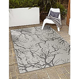 Unique Loom Outdoor Botanical Collection Area Rug - Branch (7' 1" x 10' Rectangle, Light Gray/ Gray)