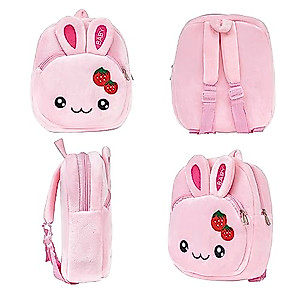 Kids Small Backpack Set - Animal Plush Backpack For Kids - Cute & Functional With Fun Accessories - Includes Cartoon Stickers and Mini Color Pencil Tubes - (Pink Rabbit)