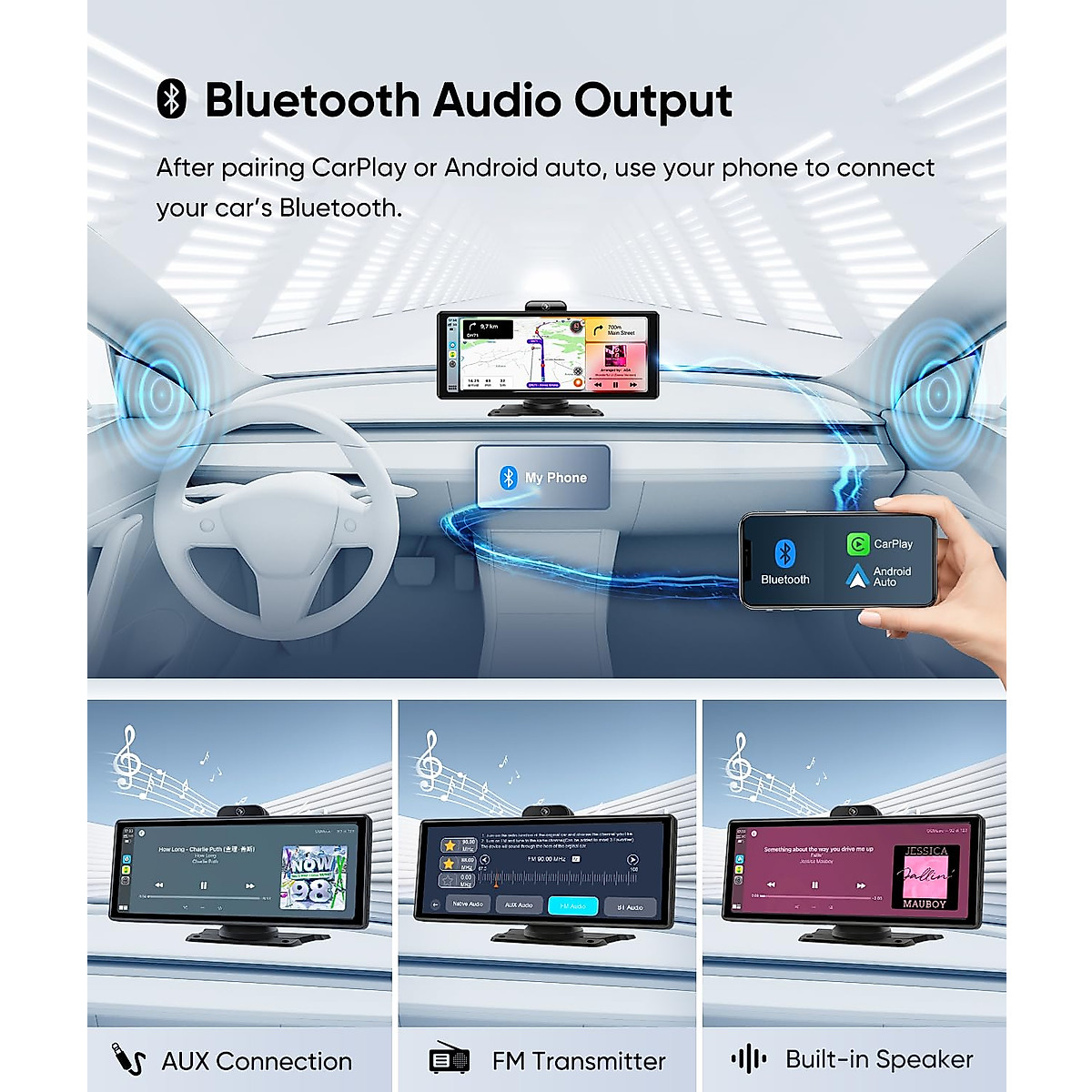 10.26'' Wireless Carplay and Android Auto, Portable Car Stereo with 4K Dash Cam, 1080P Backup Camera, Drivemate Carplay Screen with Bluetooth/Navigation/MirrorLink