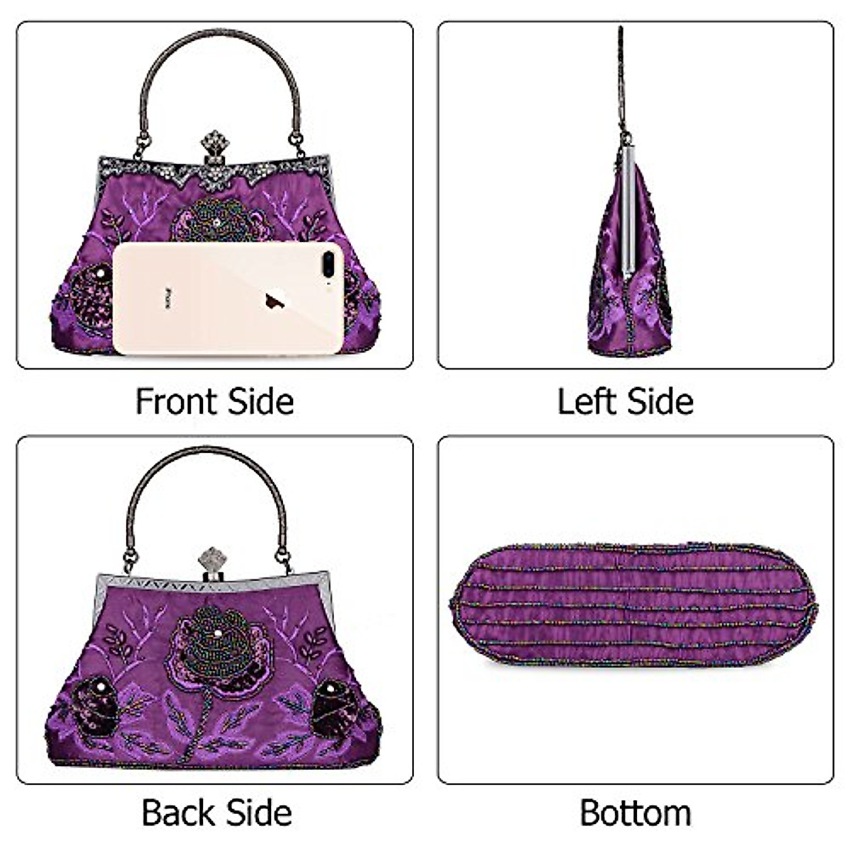 FLO-MOTOR Women's Vintage Style Roses Beaded Sequined Evening Bag Wedding Party Clutch Purse (Purple)