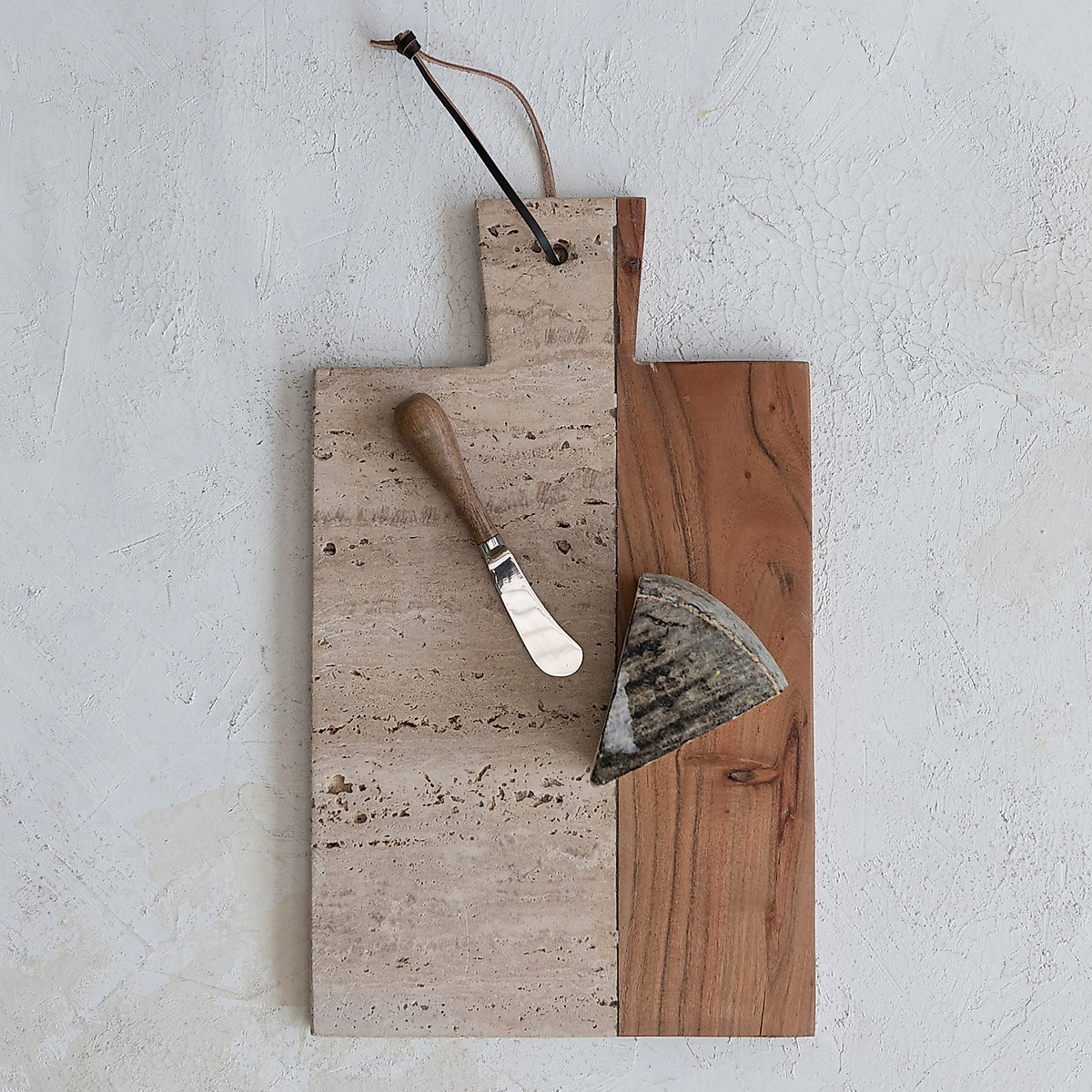 Creative Co-Op Stone and Acacia Wood Charcuterie Leather Tie and Canapé Knife, Natural Cheese/Cutting Board