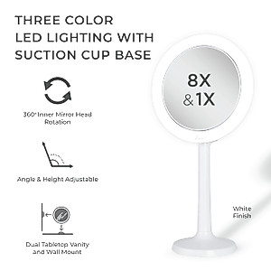 Zadro 7" Lighted Makeup Mirror with Magnification 8X/1X Suction Cup Wall Mounted Makeup Mirror 3-Color LED Travel Mirror