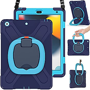 BRAECN for iPad Case 9th/8th/7th Generation,Rugged Kids Friendly Silicon Case with Folding Stand/Handle Grip Pencil Holder Shoulder Strap Screen Protector Pencil Cap Holder for iPad 10.2”-Navy Blue