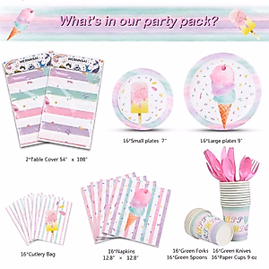 Ice Cream Party Supplies Set - Ice Cream Popsicle Party Tableware for Girls Kids Birthday Baby Shower Disposable Tablecloth Plates Paper Cups Napkins Cutlery Bag Utensils Serves 16 Guests 130PCS