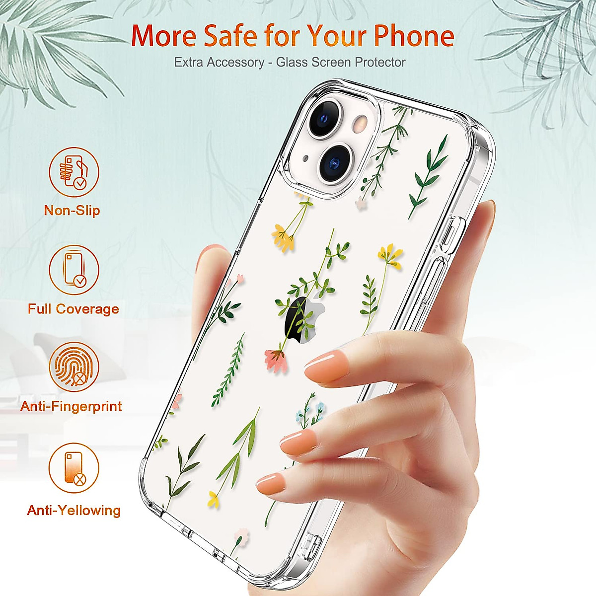 GiiKa for iPhone 13 Case with Screen Protector, Clear Full Body Protective Floral Girls Women Shockproof Hard Case with TPU Bumper Cover Phone Case for iPhone 13, Grass Flowers