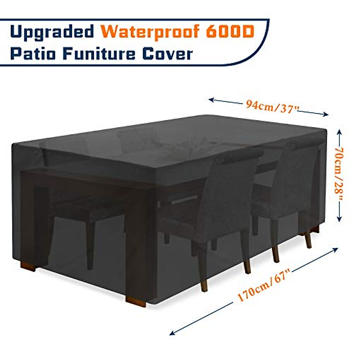 JESTOP Patio Furniture Covers, 600D Rectangular Outdoor Table Cover Waterproof Windproof Heavy Duty Oxford Fabric Anti-UV Patio Table and Chair Cover (67”L x 37”W x 28”H )