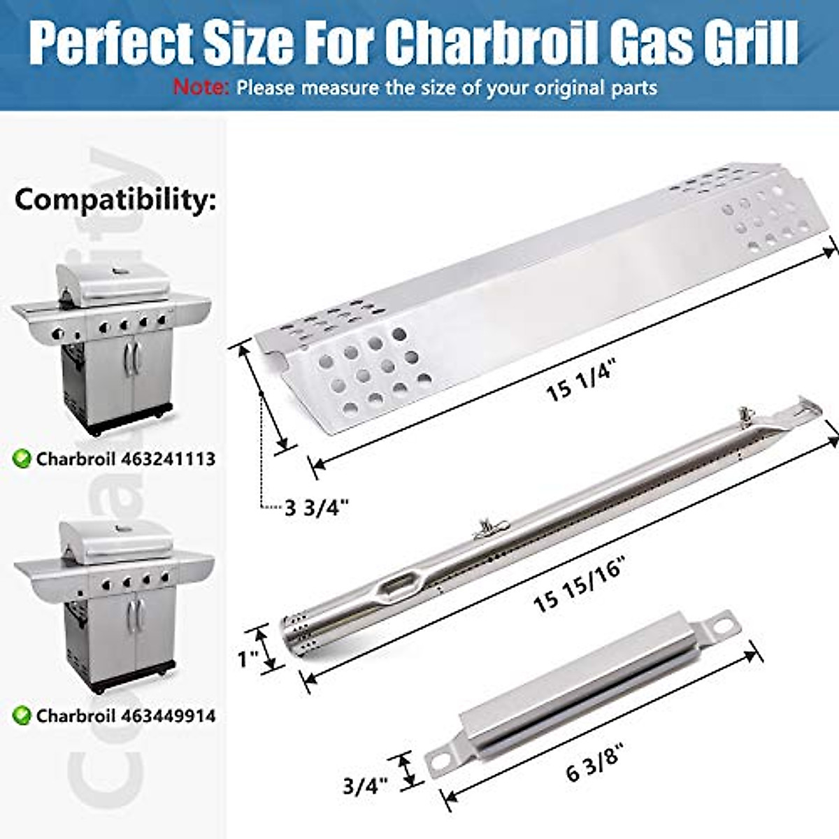 Hiorucet Grill Replacement Parts for Charbroil 4 Burner 463241113, 463449914 Gas Grill Models. Stainless Steel Heat Plate Tent Shields, Pipe Burner Tubes and Crossover Tubes Replacement Kit.