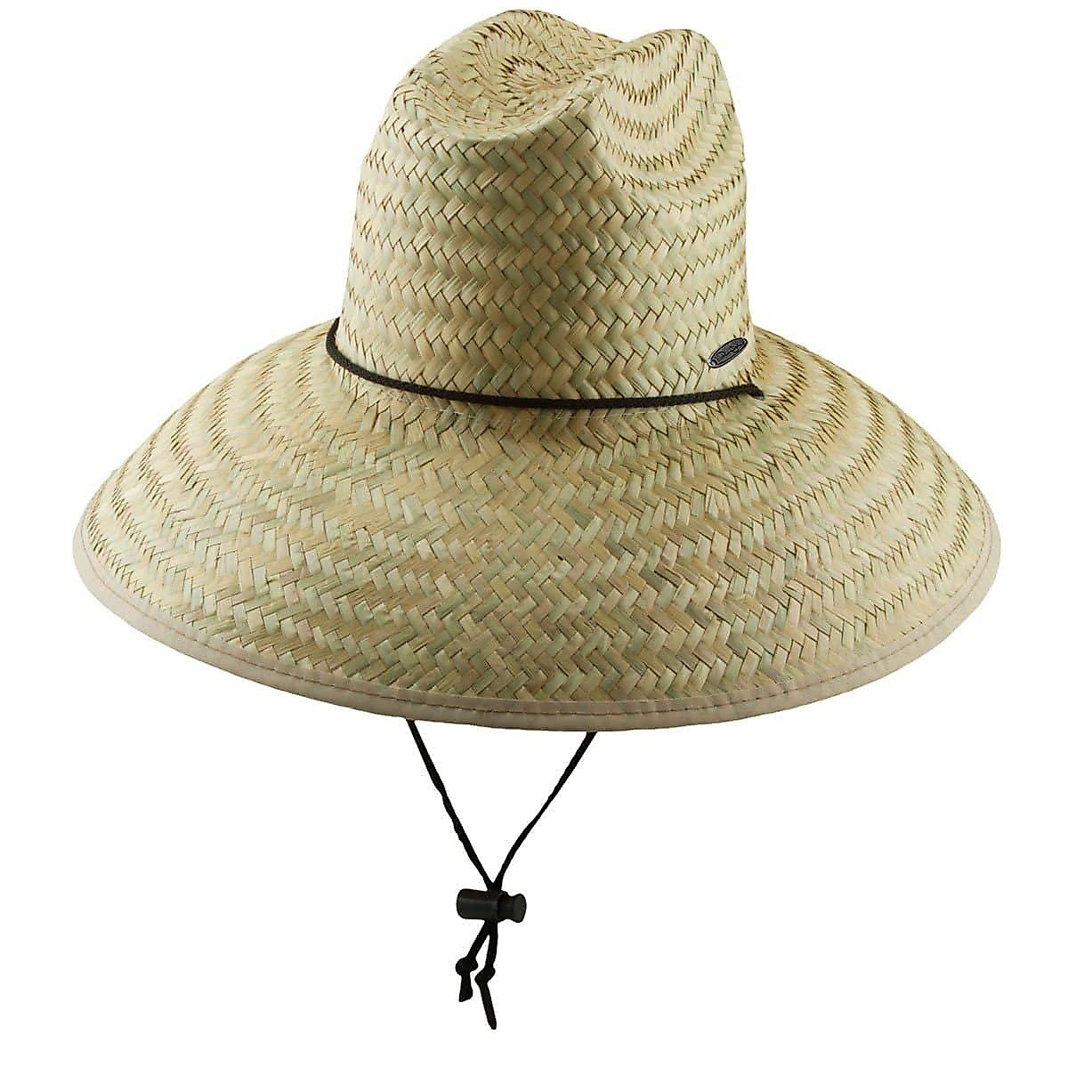 Panama Jack Lifeguard Sun Hat - Palm Fiber Straw, 5" Bound Big Brim, Chin Strap with Toggle, Logo Badge (Natural, One Size Fits Most)