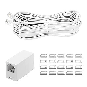 Vthahaby 50 Feet Long Telephone Extension Cord Phone Cable Line Wire, with Standard RJ11 Plug and 1 in-Line Couplers and 15 Cable Clip Holders-White (White 15M)