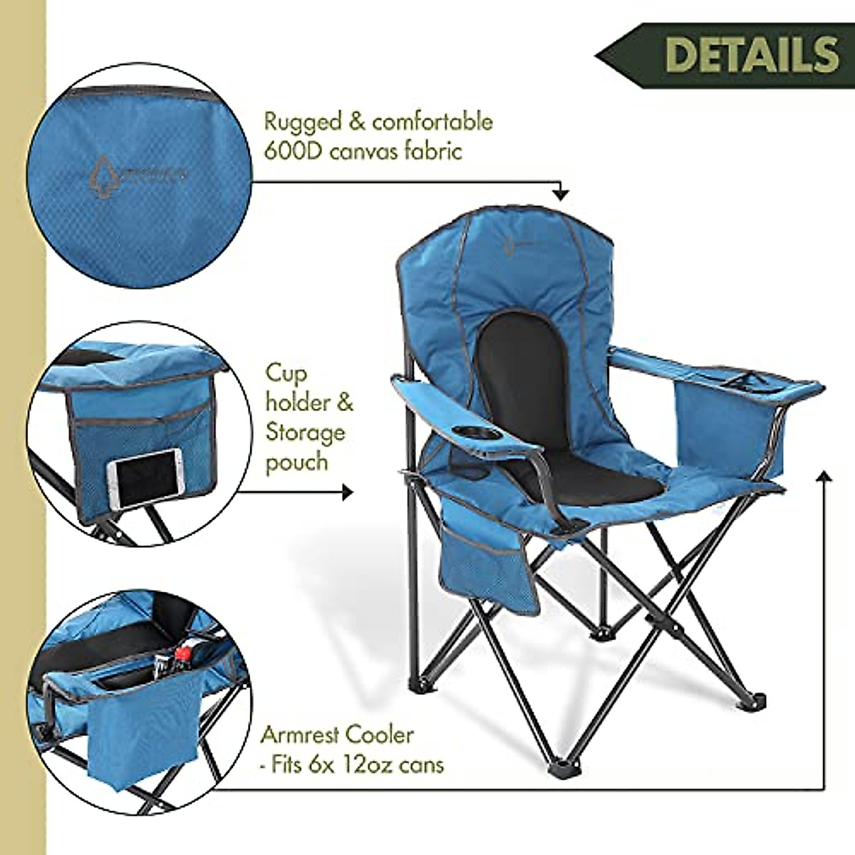 ARROWHEAD OUTDOOR Portable Folding Camping Quad Chair w/ 4-Can Cooler, Cup-Holder, Heavy-Duty Carrying Bag, Padded Armrests, Supports up to 330lbs