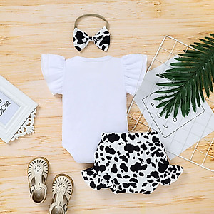 Viworld Newborn Baby Girls Clothes Ruffles Sleeve Romper Cows Printed Bottoms Diaper Shorts with Headband 3Pcs Outfits(White Cows,0-3M)
