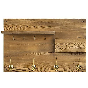 MyGift Wall Mounted Solid Burnt Wood Entryway Key and Mail Holder Organizer Storage Rack with Display Shelf and 8 Hooks