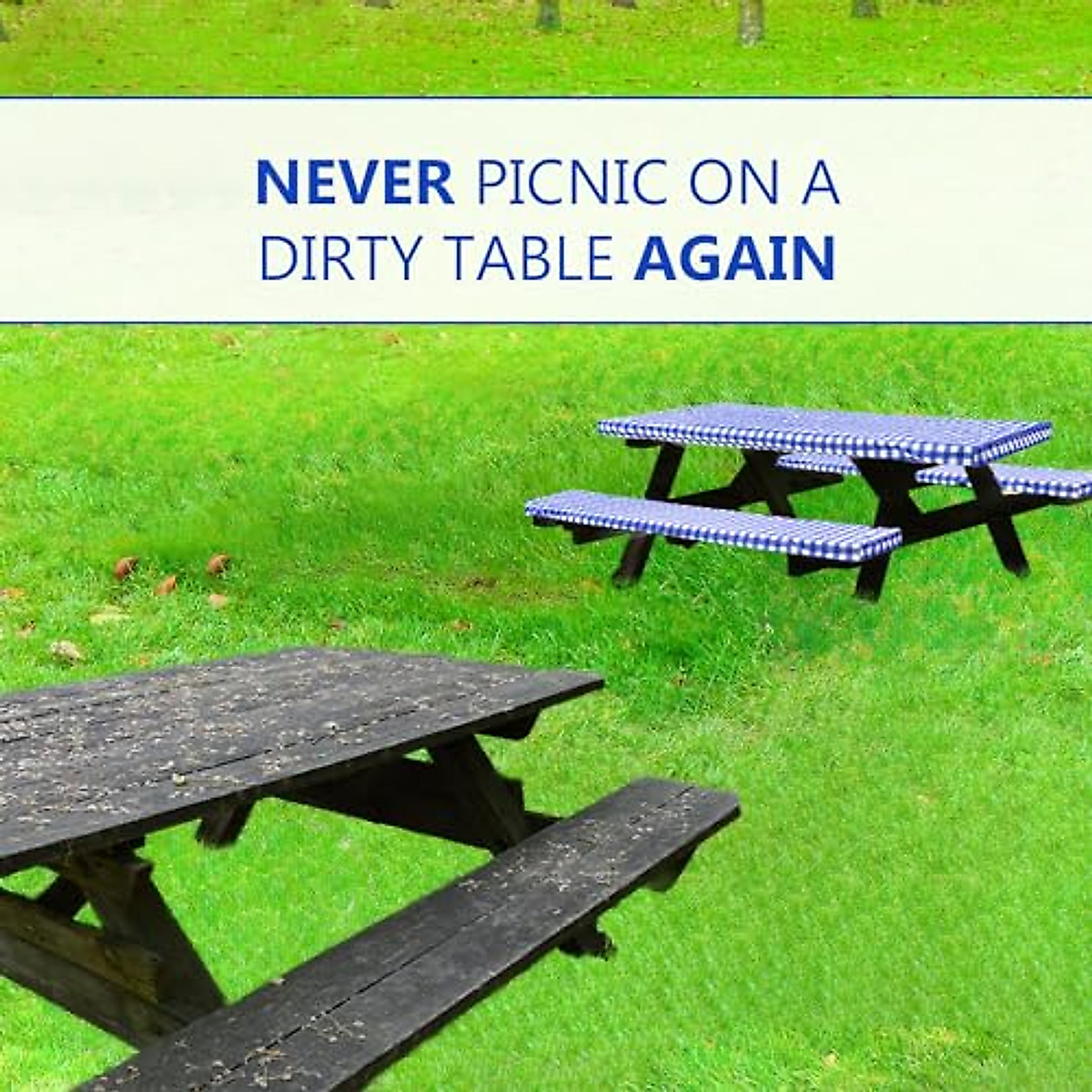 LINPRO 6ft Vinyl Fitted Picnic Table Cover with Bench Covers - Camper and Travel Accessories - Checkered Outdoor Picnic Tablecloth and seat Covers with Elastic Edges Waterproof 3 Pc Set for Patio 72"