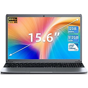 SGIN Laptop 12GB RAM 512GB SSD, 15.6 Inch Laptops with Intel Celeron Quad-Core Processor(up to 2.9 GHz), Full HD 1080P Screen, Mini HDMI, 2.4/5.0G WiFi, Webcam, Bluetooth 4.2, Grey