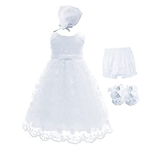 Bow Dream Baby Girls Formal Party Special Occasion Dresses 4Pcs Christening Baptism Dress White 12-18 Months